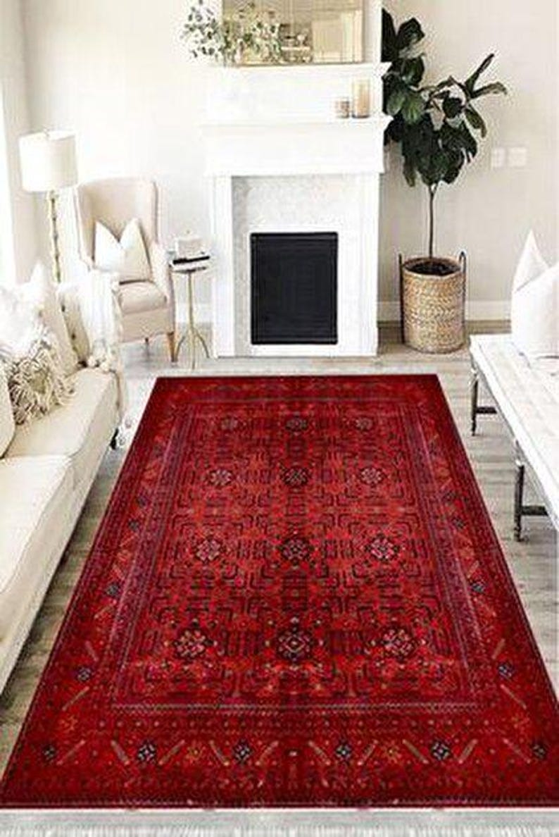 Afghan Pattern Red Rug, Authentic Bokhara Rug in Red With Traditional ...