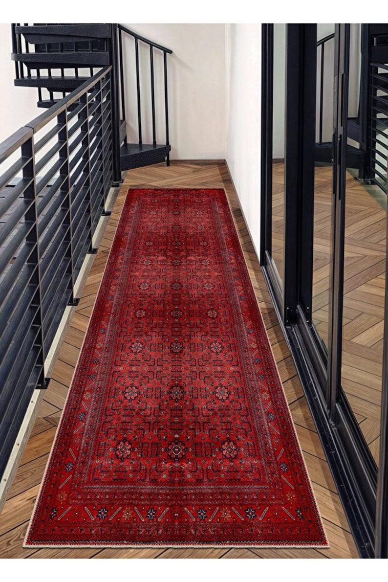 Afghan Pattern Red Rug, Authentic Bokhara Rug in Red With Traditional ...