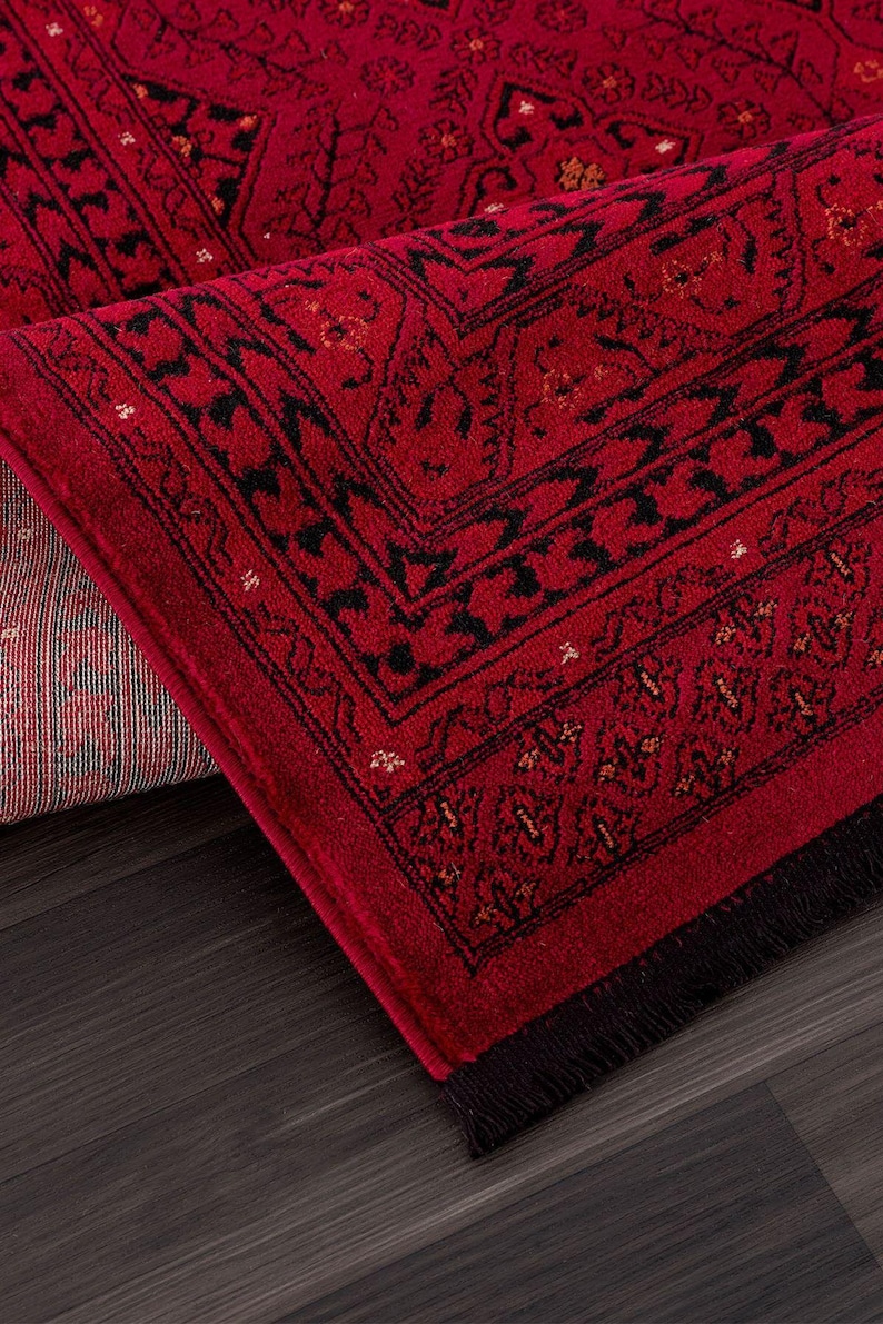 Afghan Pattern Red Rug, Authentic Bokhara Rug in Red With Traditional ...
