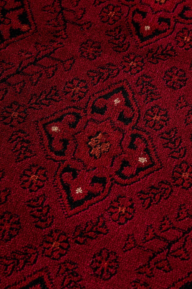 Afghan Pattern Red Rug, Authentic Bokhara Rug in Red With Traditional ...