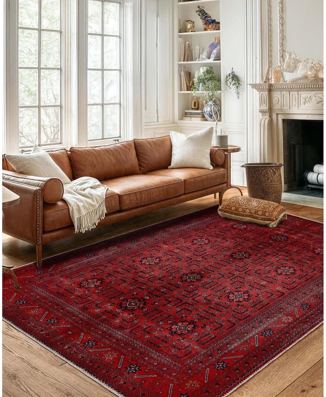 Afghan Pattern Red Rug, Authentic Bokhara Rug in Red With Traditional ...