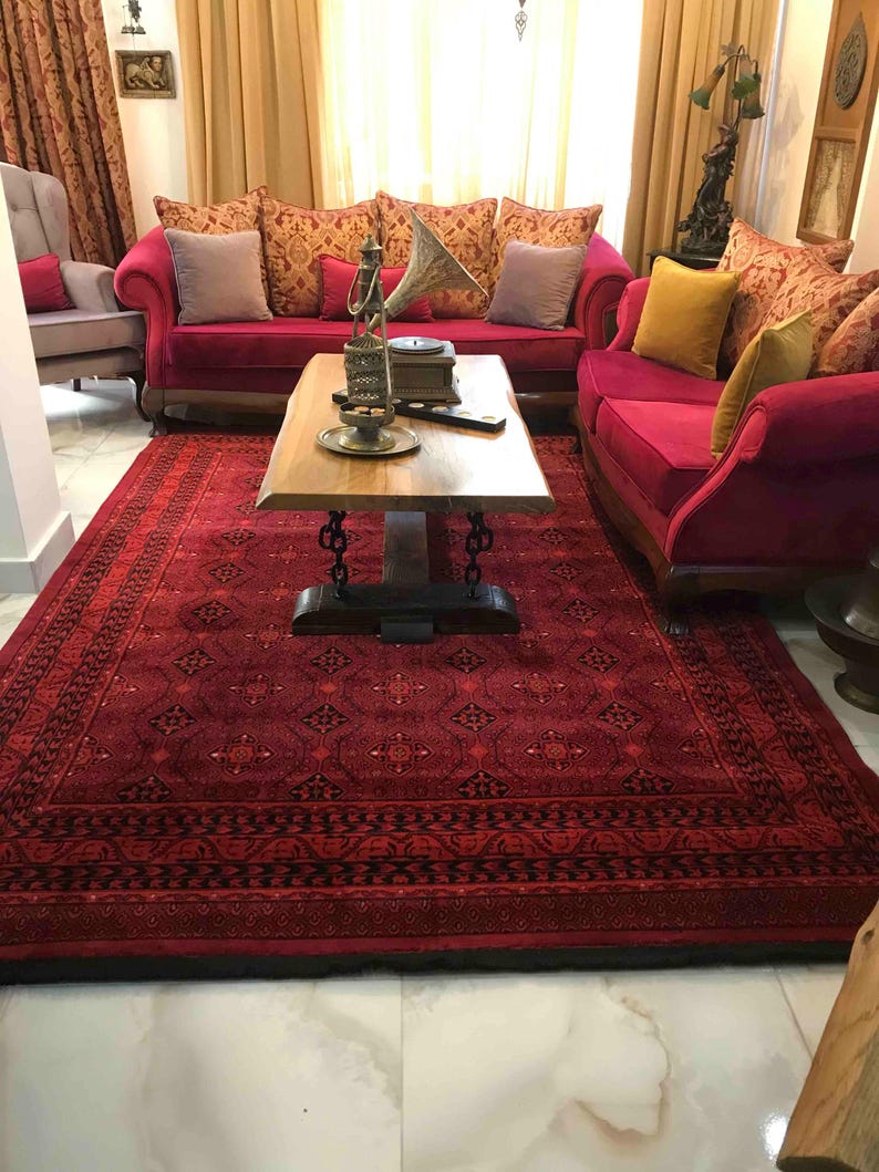 Afghan Pattern Red Rug, Authentic Bokhara Rug in Red With Traditional ...
