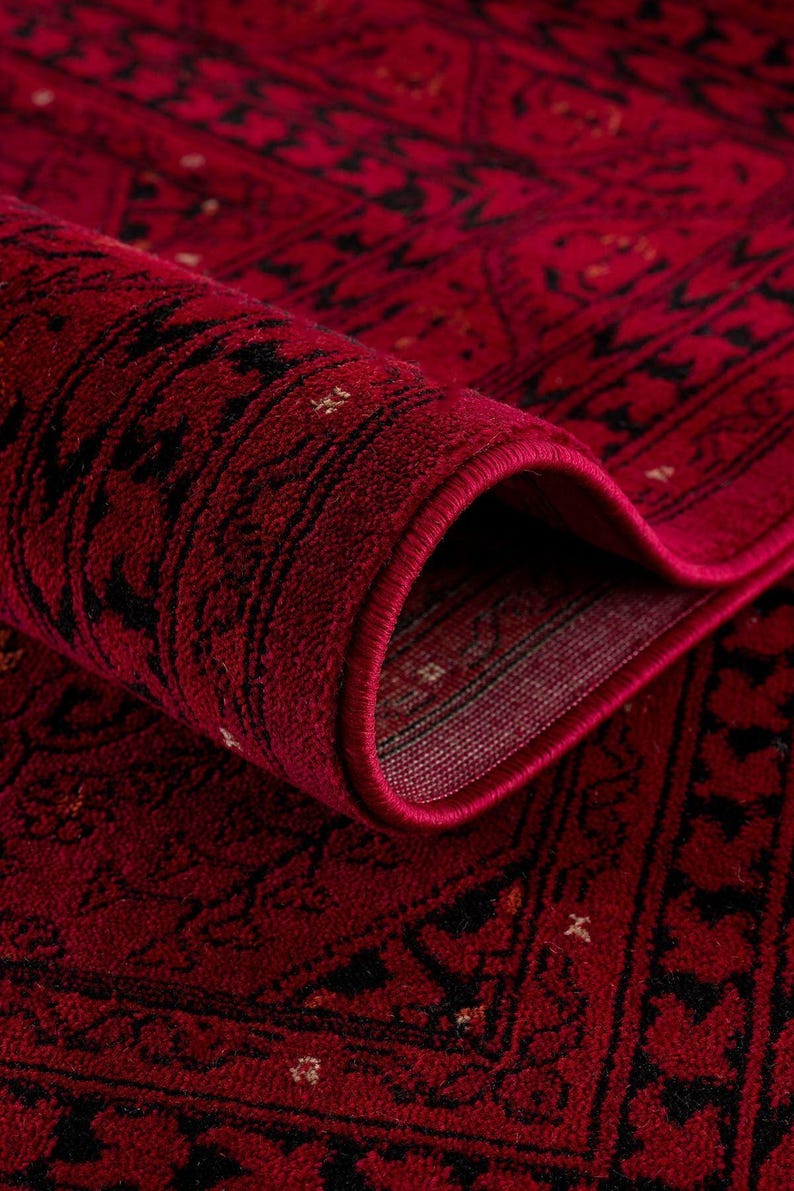 Afghan Pattern Red Rug, Authentic Bokhara Rug in Red With Traditional ...