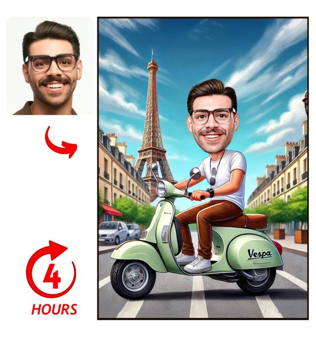 Personalised Scooter Cartoon Portrait Paris, Custom Vespa Caricature ...