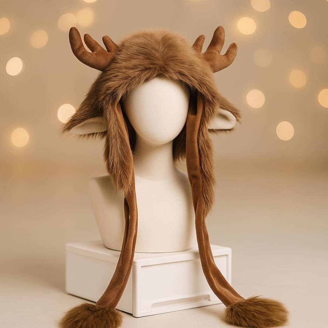 Reindeer Hat With Horns and Ears / Plush Christmas Hat / Cozy Winter ...