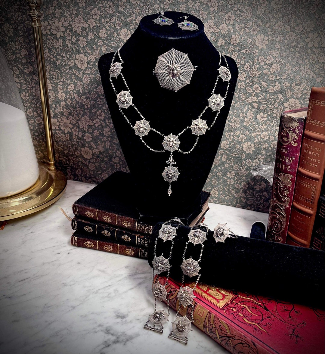 Antique Late 1800s Victorian Spiderweb Jewelry Suite, Sterling Silver ...