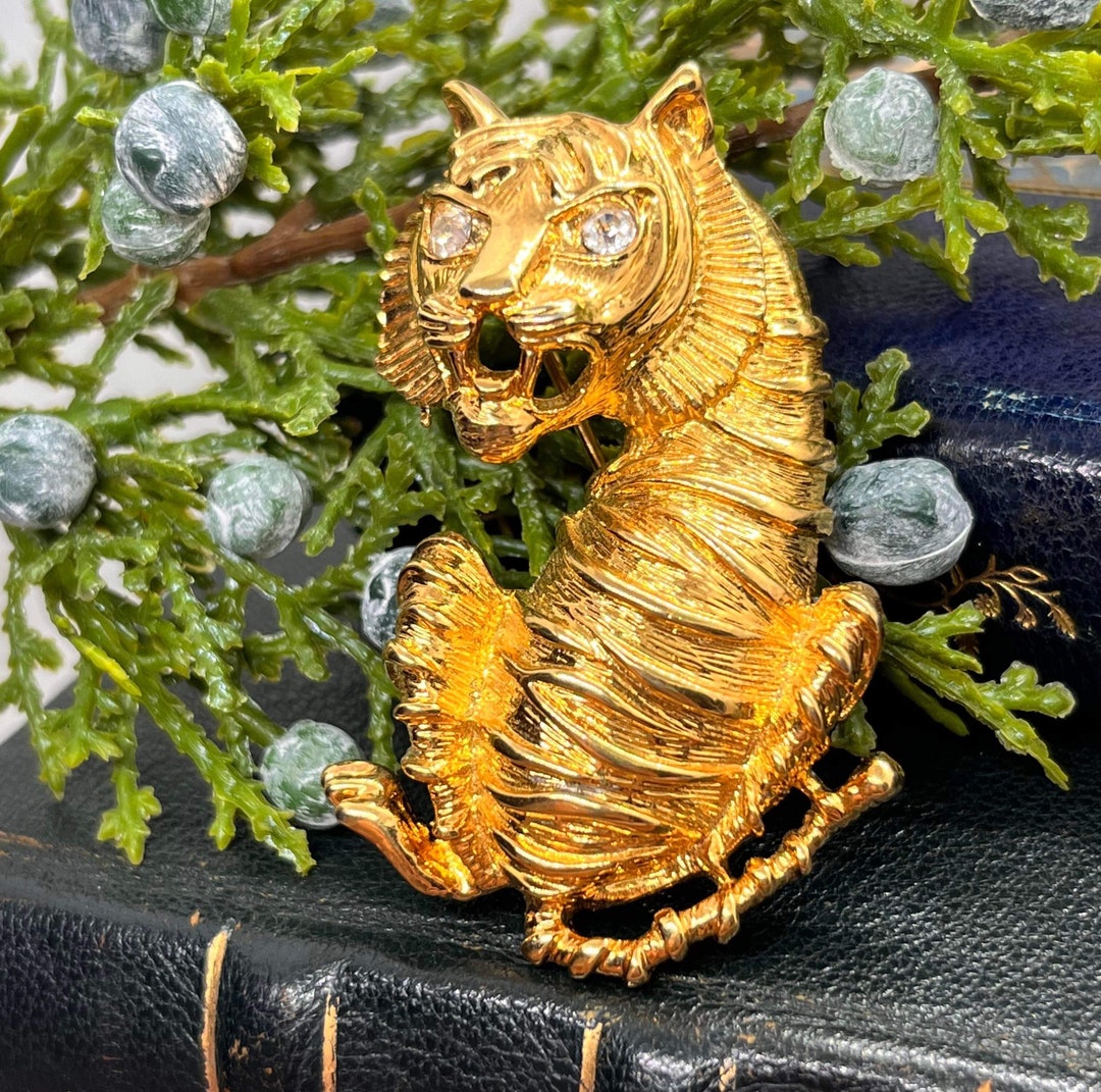 Vintage Cranky Tiger Brooch, Large, Gold Tone and Rhinestone, 1990s ...