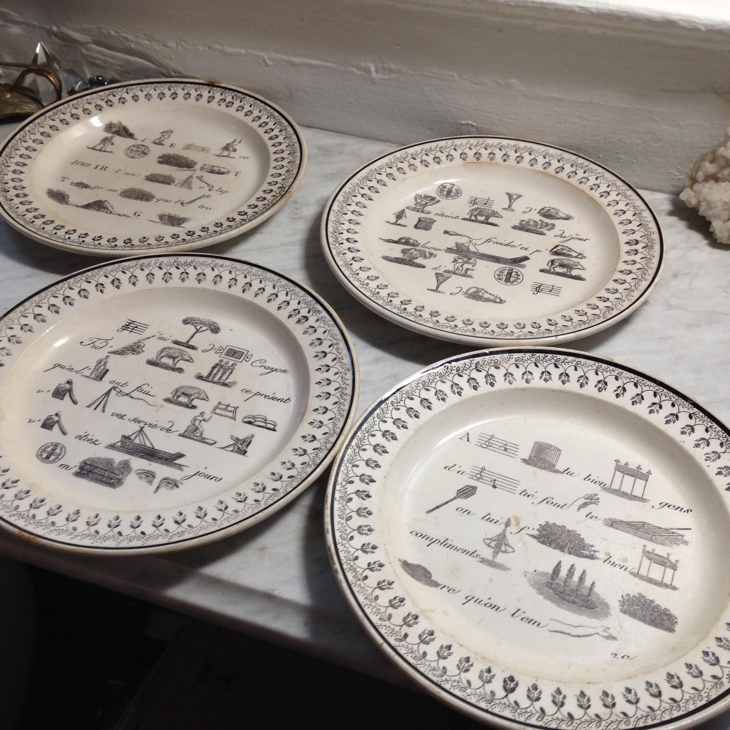 Set of 4 French Rebus Puzzle Dessert Plates C.1820-1830, Beautiful ...
