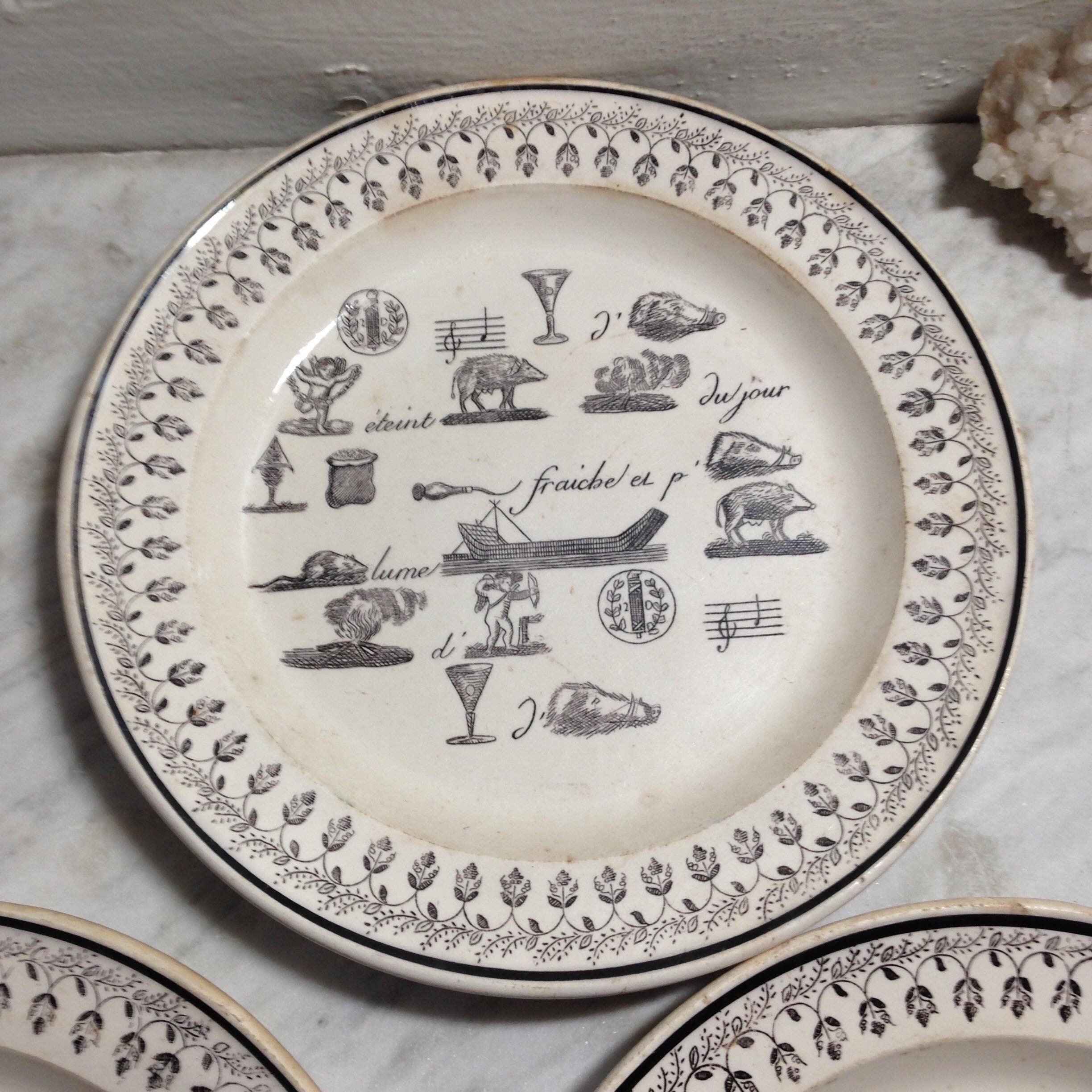 Set of 4 French Rebus Puzzle Dessert Plates C.1820-1830, Beautiful ...