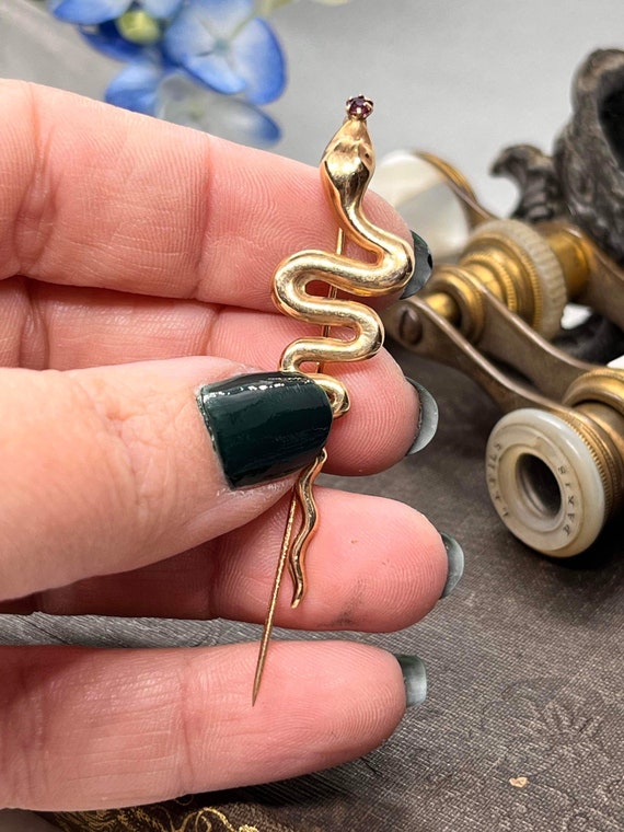 14k Gold Snake with Ruby, Edwardian stick pin, esoter… - Gem