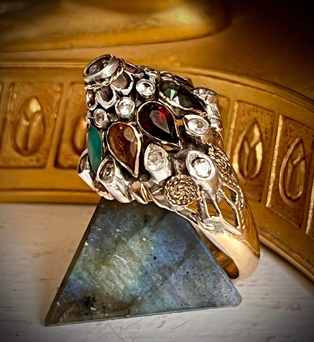 Multi Gemstone 12k Gold Thai Princess Ring / Harem Ring Mid-century ...