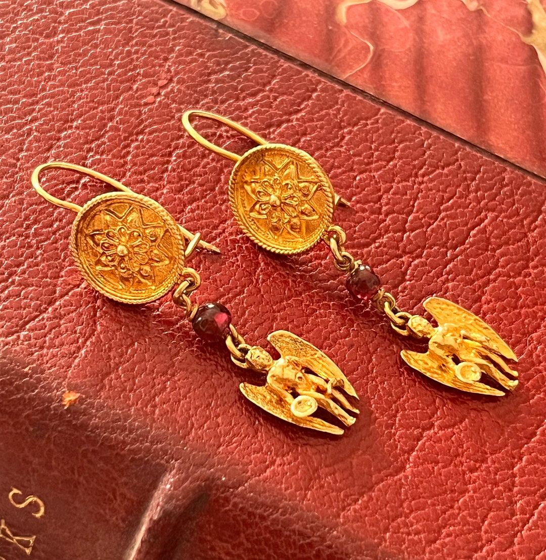Etruscan Revival Angels, Goddess Nike, Eros, Tarot, 18k Gold Drop Earrings, With Red Garnet - Etsy