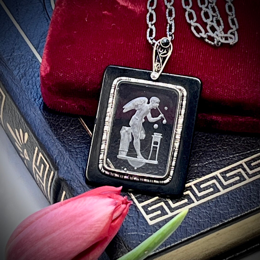 Eros Blowing Bubbles - 1920’s Neoclassical Glass Intaglio - Sterling Silver, Glass, Bakelite ...