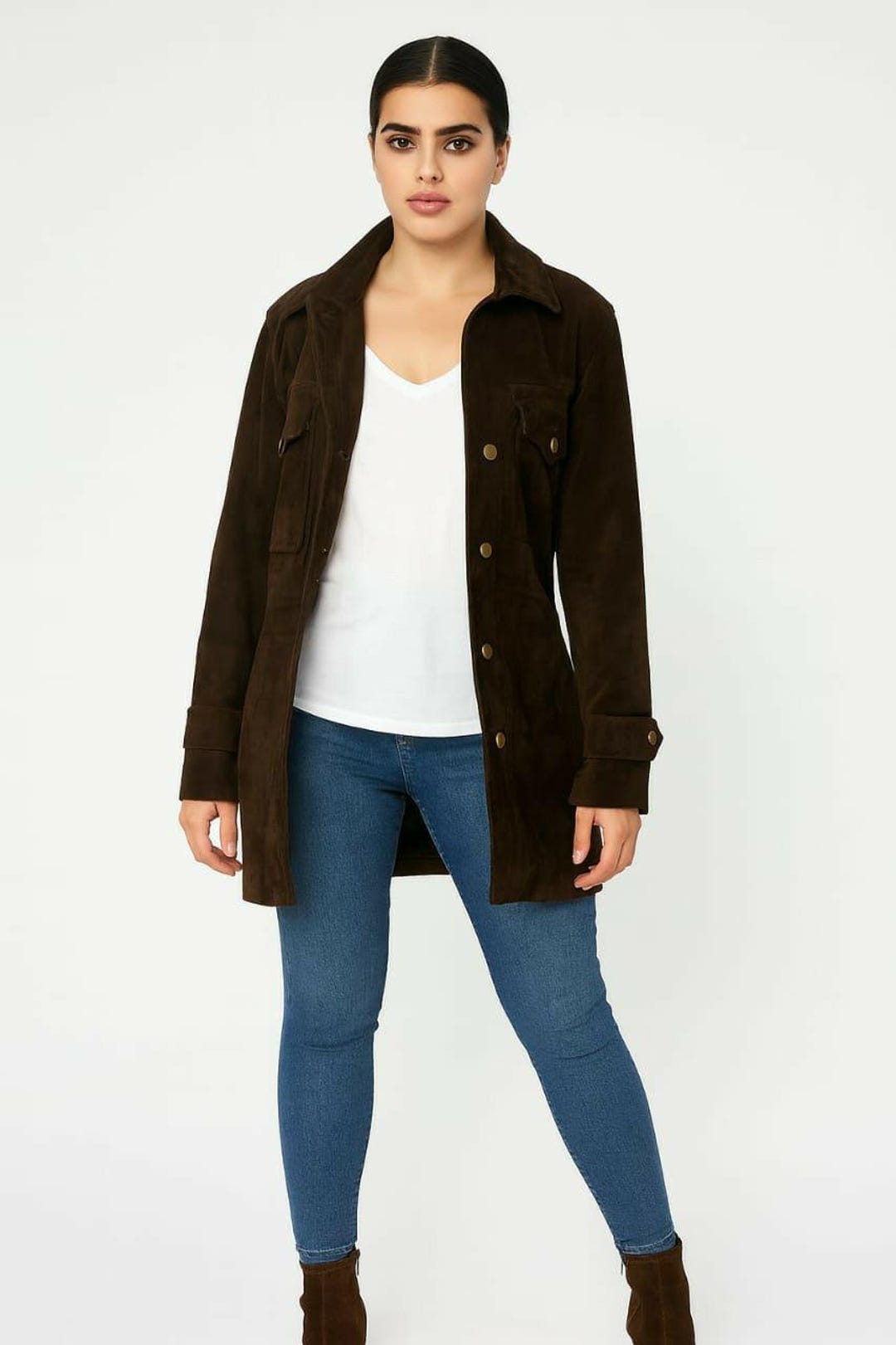 Handmade Chocolate Brown Suede Jacket: Longline Elegant Style - Etsy