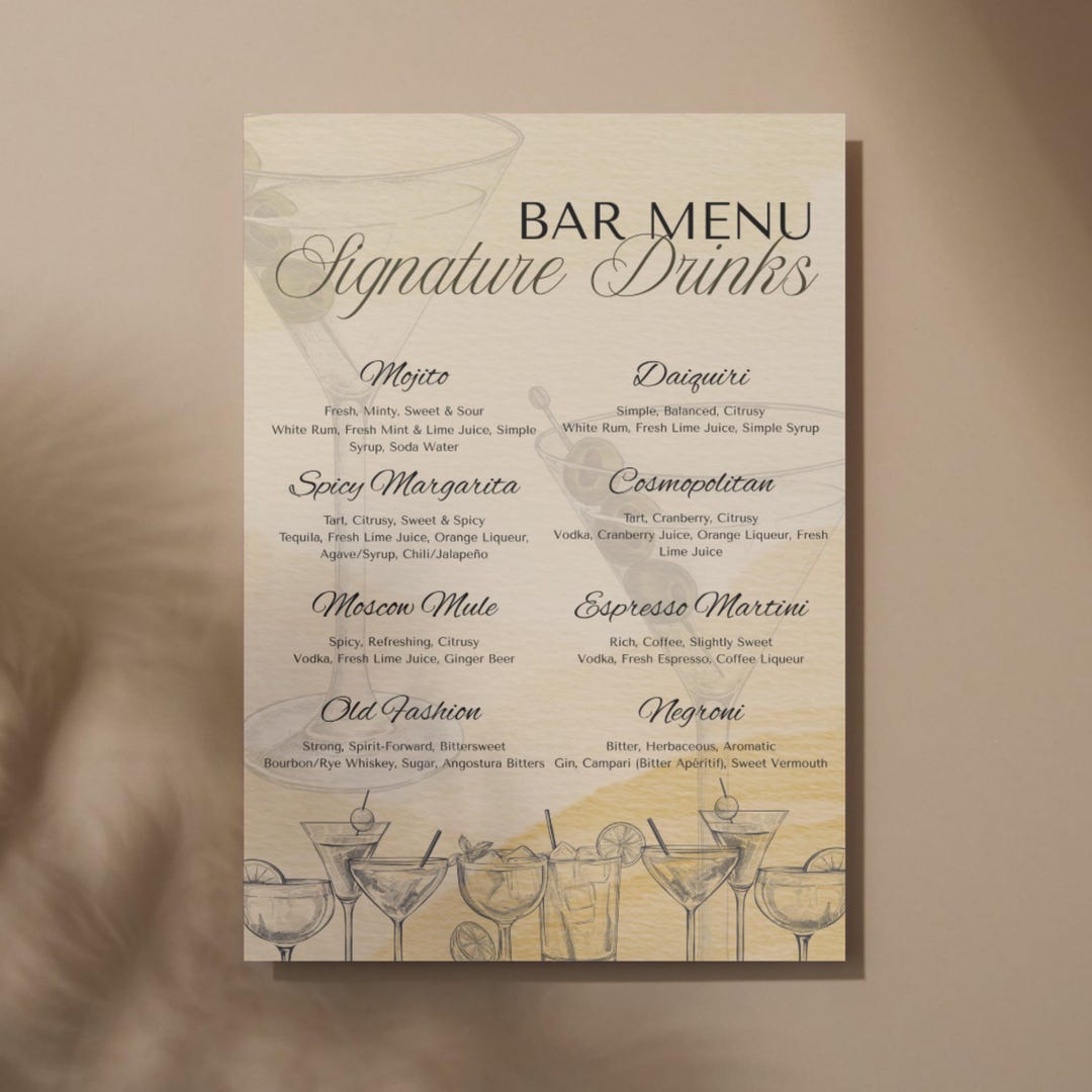 Minimalist Cocktail Menu Template: Editable Bar Menu, Wedding & Event ...
