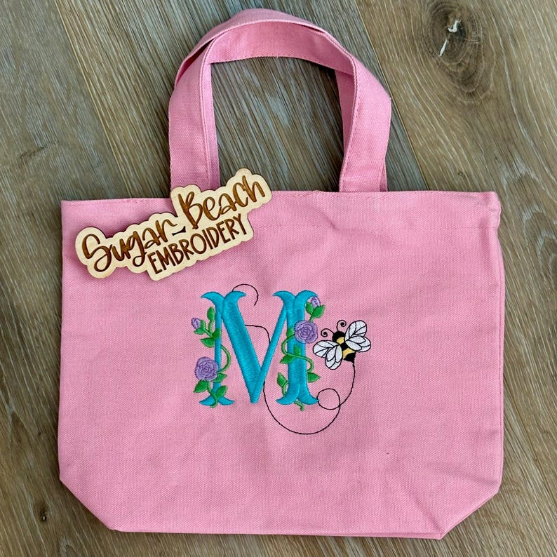 Floral Bee Mini Canvas Tote Bag | Custom Initial Embroidered Tote ...