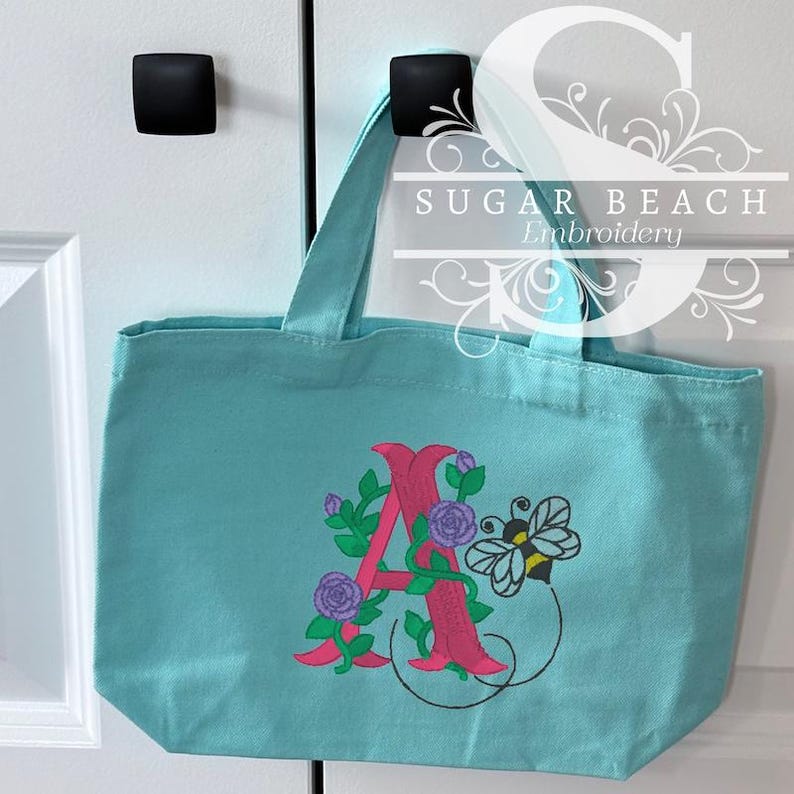 Floral Bee Mini Canvas Tote Bag | Custom Initial Embroidered Tote ...
