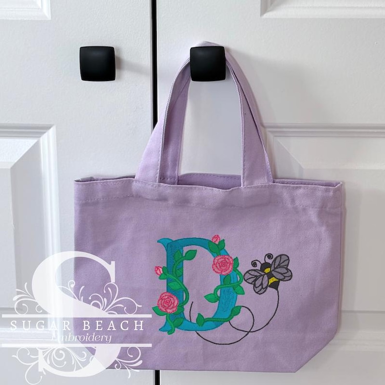 Floral Bee Mini Canvas Tote Bag | Custom Initial Embroidered Tote ...
