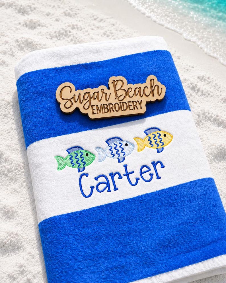 Fish Beach Towel | Embroidered Cabana Stripe Towel | Personalized Name ...