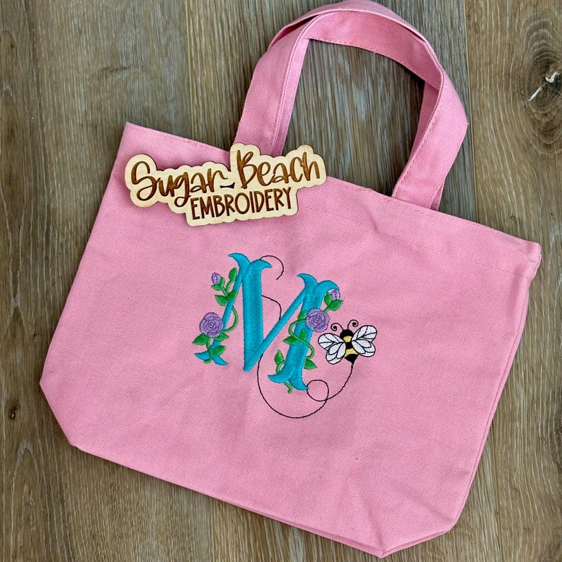 Floral Bee Mini Canvas Tote Bag | Custom Initial Embroidered Tote ...