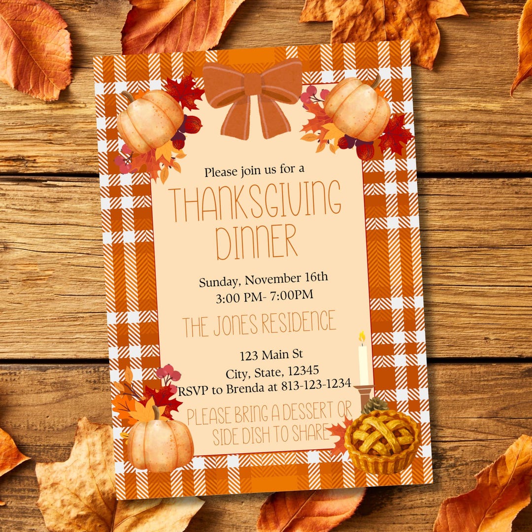 Editable Plaid Pumpkin Thanksgiving Invitation | Friendsgiving (digital ...
