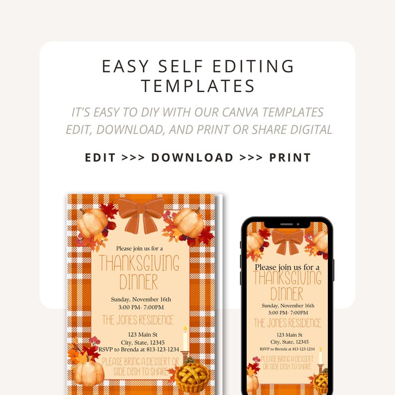 Editable Plaid Pumpkin Thanksgiving Invitation | Friendsgiving (digital ...