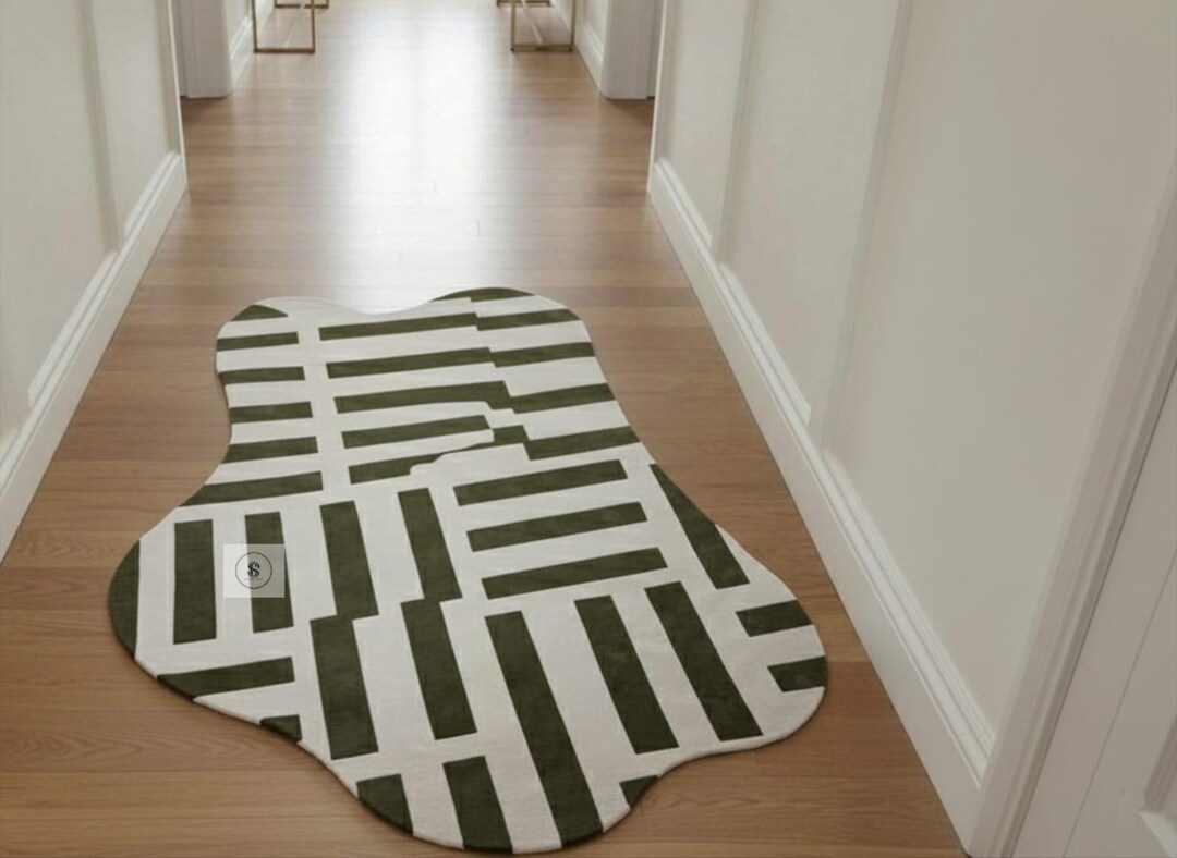 Irregular Wiggle Edge Area Rug, Hand Tufted Olive Green Geometric Block ...