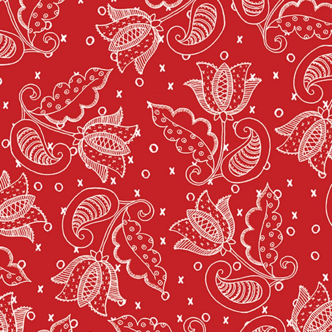Lacy Tulip Flower Fabric: Vintage Valentine Red & White Quilting Fabric ...
