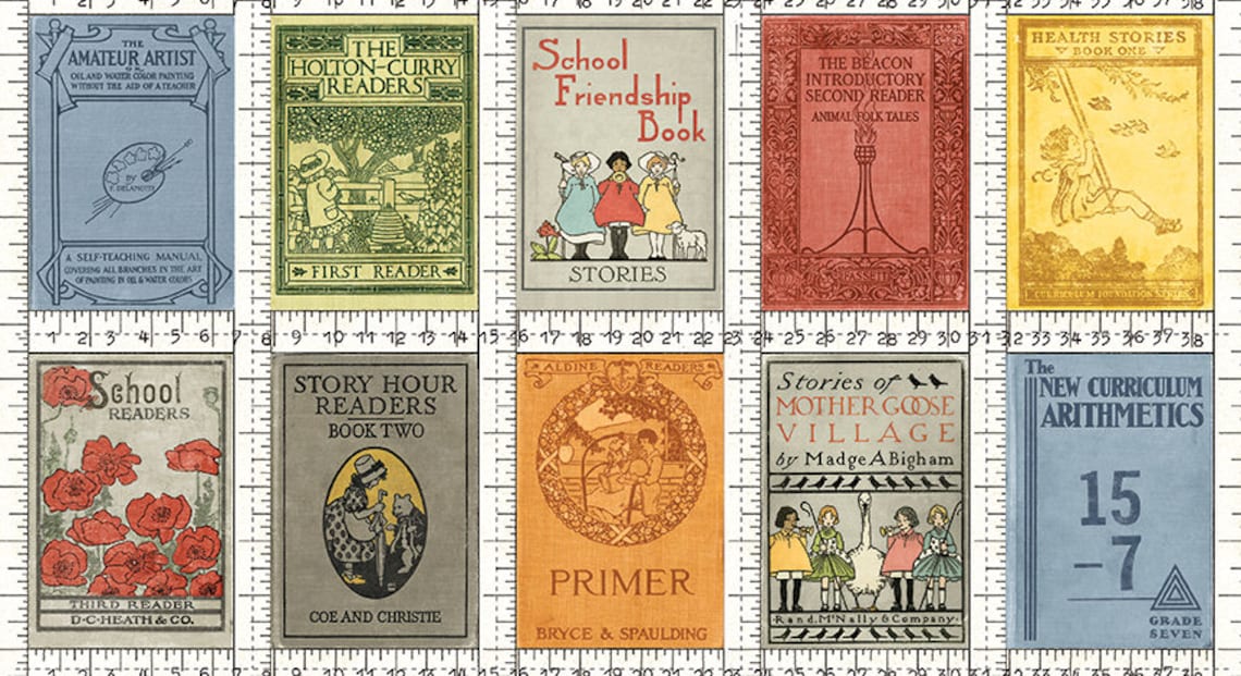 Vintage Old School Book Fabric Panel: Colorful Primers & Readers Quilt ...