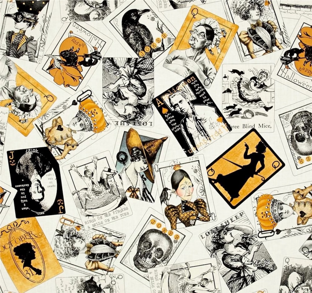 Halloween Tossed Playing Card Fabric, Vintage Style Queen of We'en ...