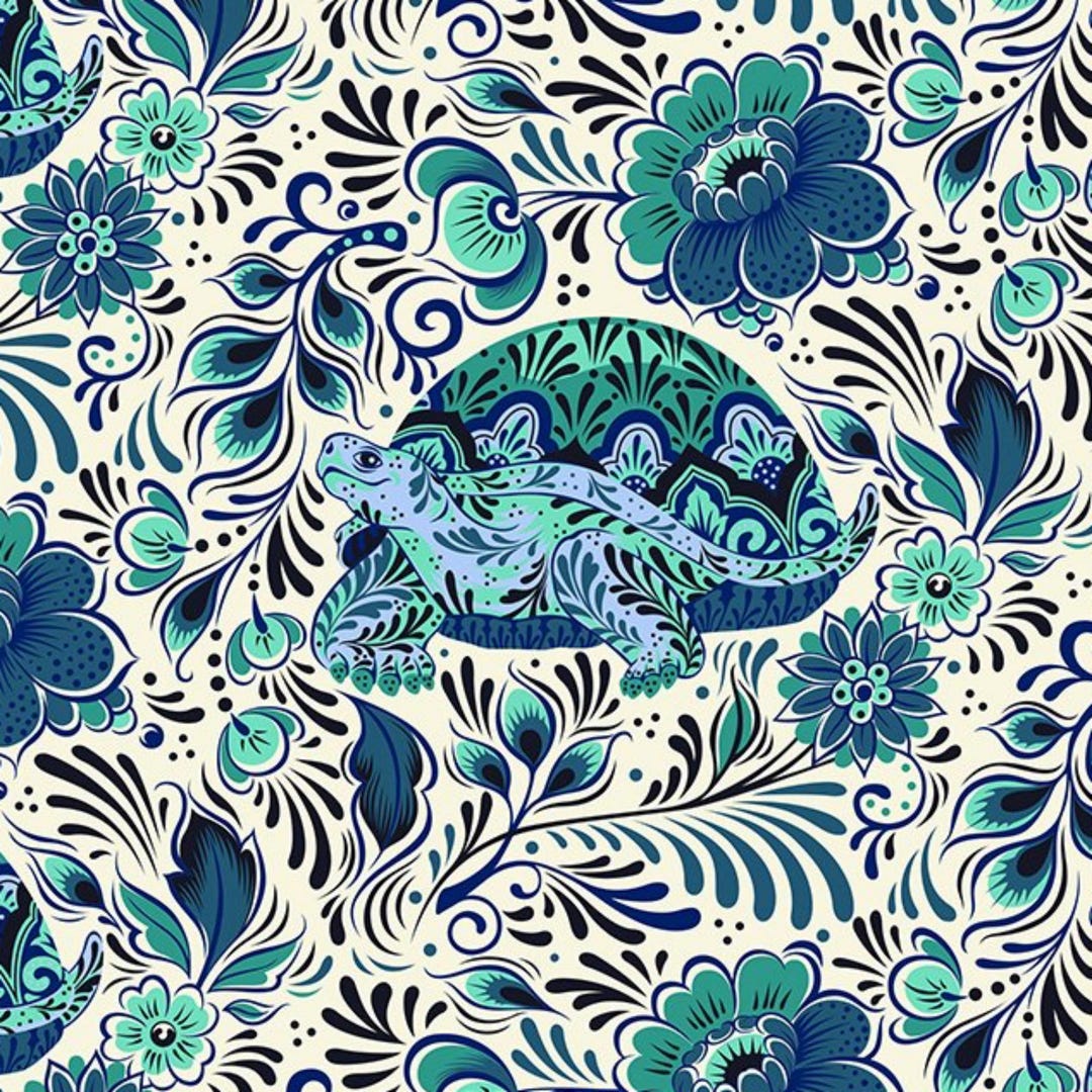 TULA PINK BESTIES No Rush Turtles Tortoise Bluebell Cotton Quilt Fabric ...