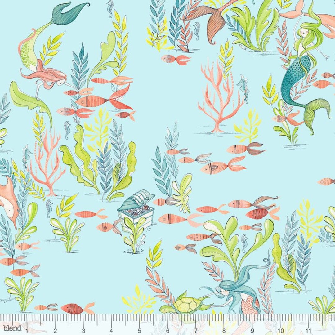 Mermaid Days Cotton Quilt Fabric: Aqua Blue Sea Life - Etsy