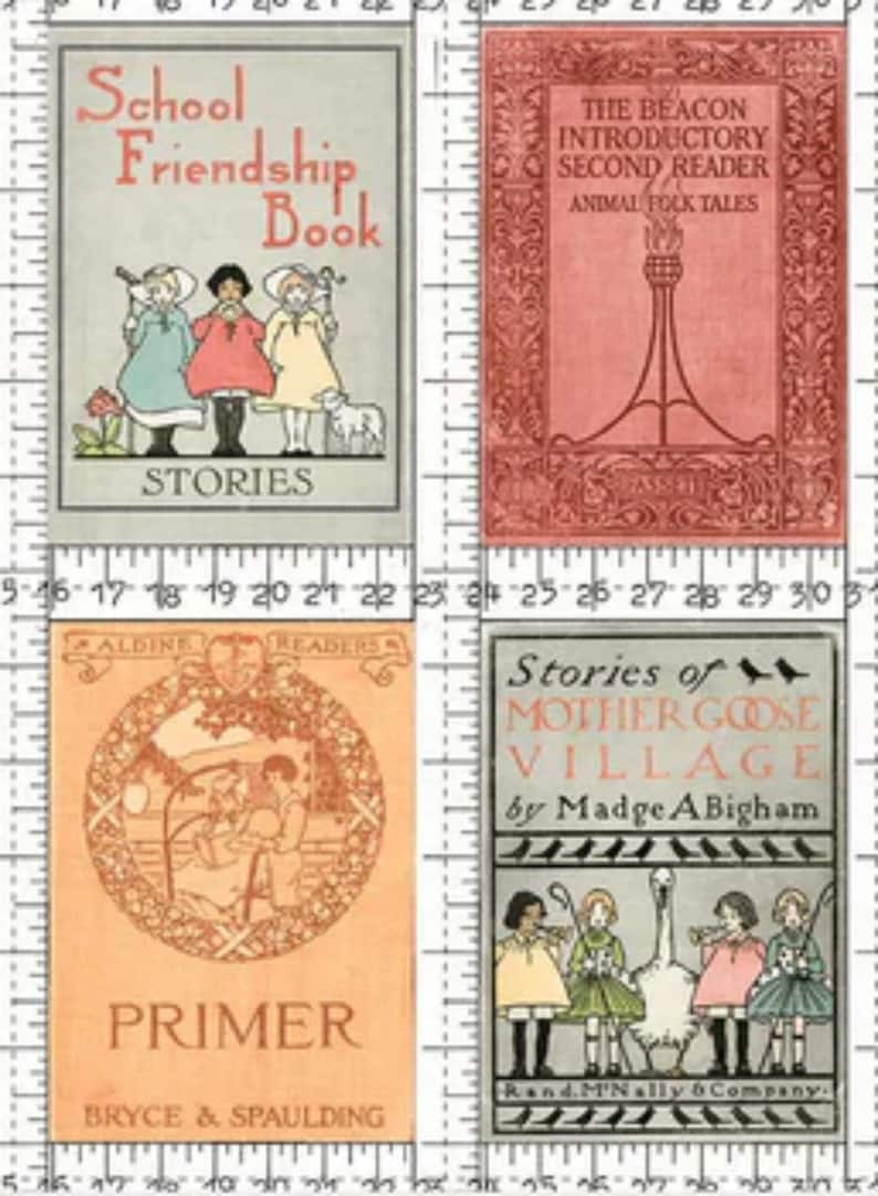 Vintage Old School Book Fabric Panel: Colorful Primers & Readers Quilt ...