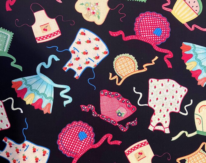 Mary Engelbreit Apron Fabric: Kitchen Capers on Black Cotton (out of ...
