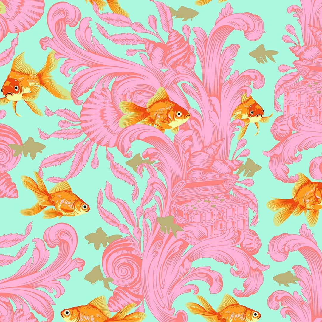 TULA PINK BESTIES Treading Water Goldfish Blossom Pink Metallic Cotton ...