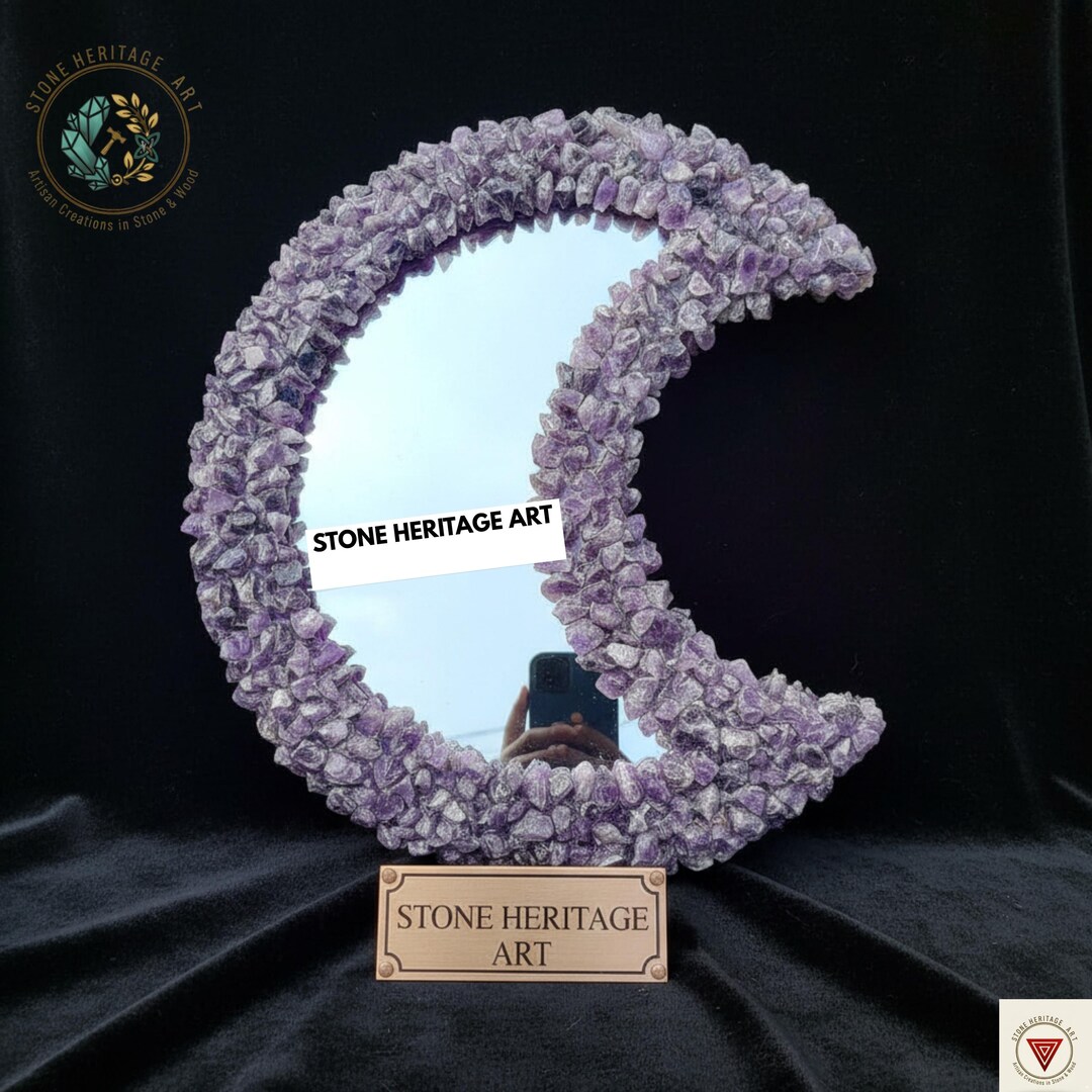 Amethyst Crystal Crescent Moon Mirror | Healing Stone Decor - Etsy