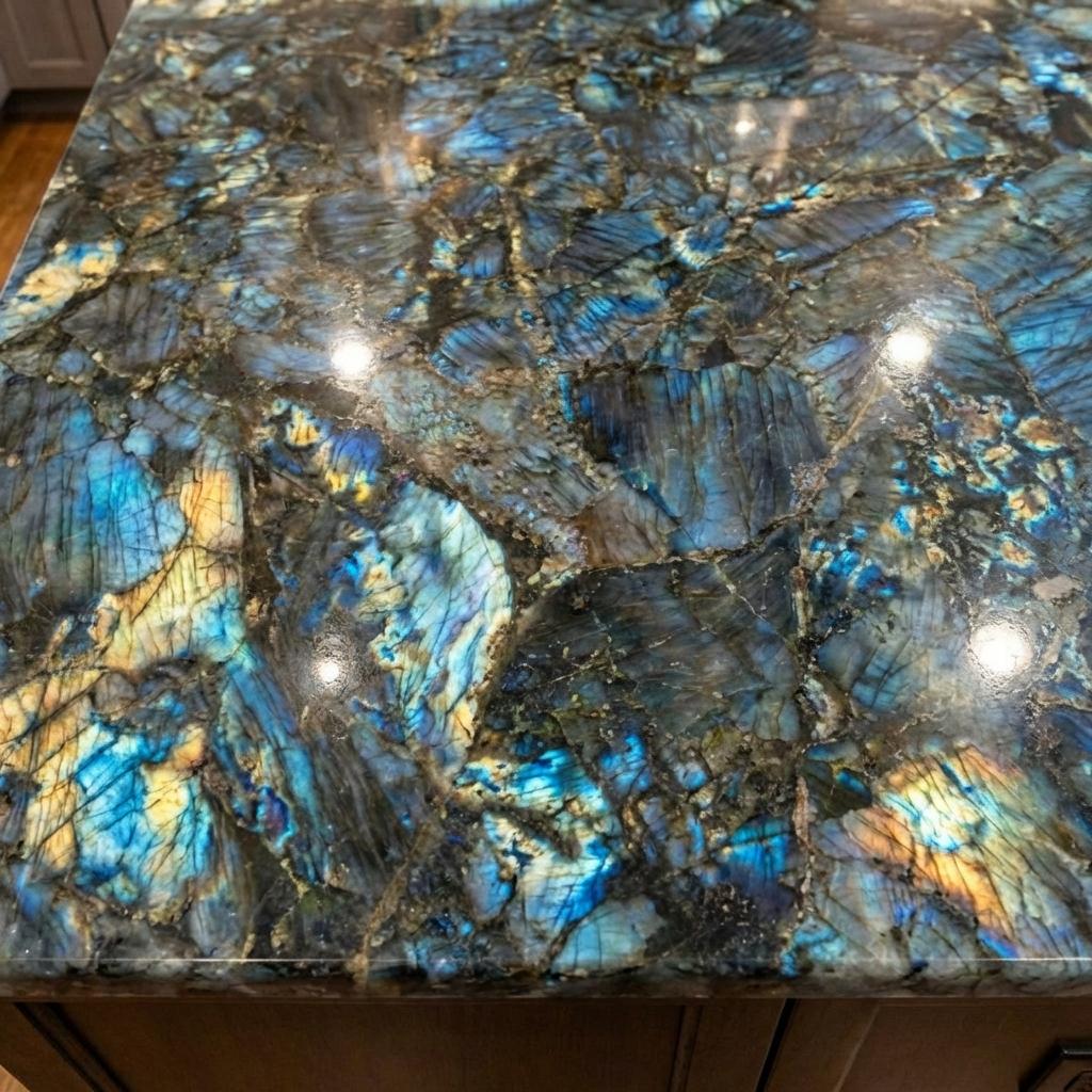 Blue Labradorite Kitchen Island Top | Lemurian Blue Granite Slab ...