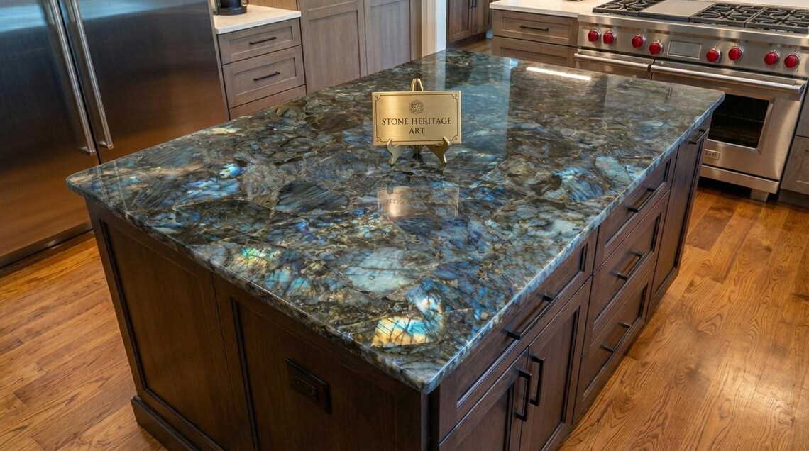 Blue Labradorite Kitchen Island Top | Lemurian Blue Granite Slab ...