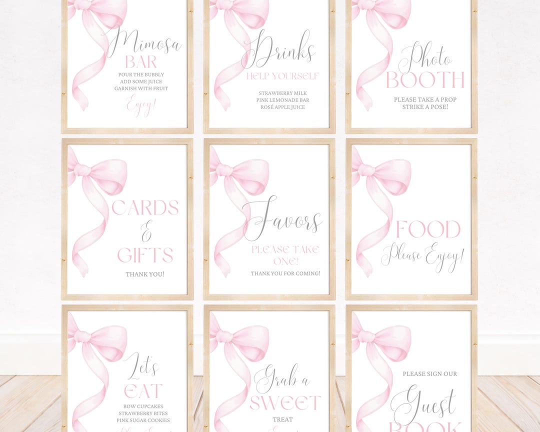 Editable Coquette Bow Table Signs, Pink Ribbon Party Decor, Birthday ...