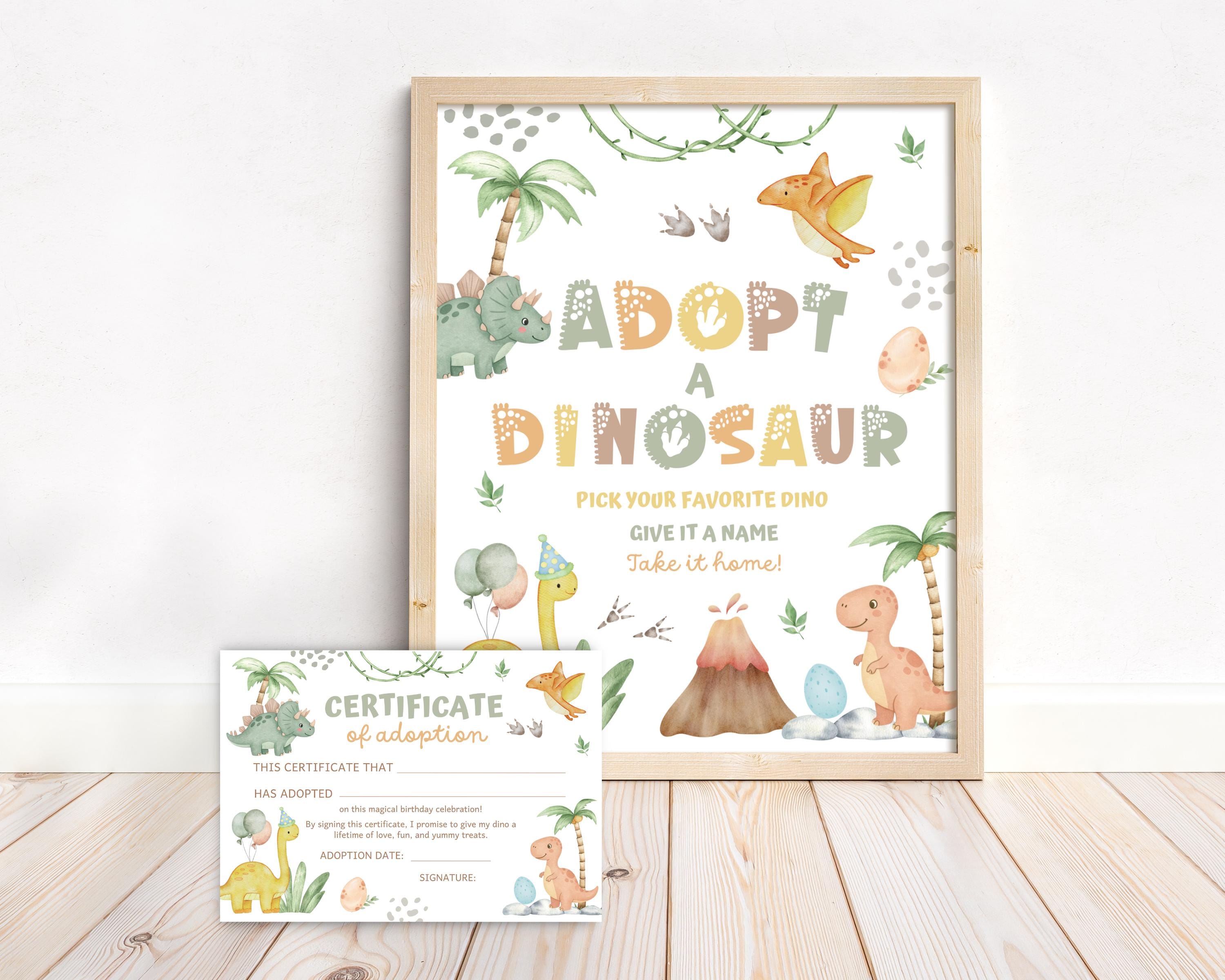 Adopt a Dinosaur Sign & Certificates, Boy Dino Birthday Party, Editable ...