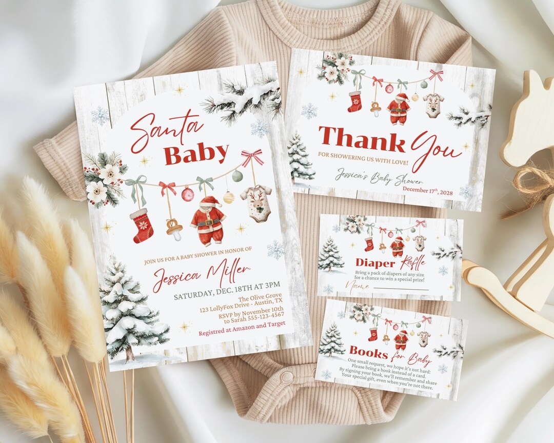 Santa Baby Shower Invitation Bundle, Christmas Baby Set, Gender Neutral ...