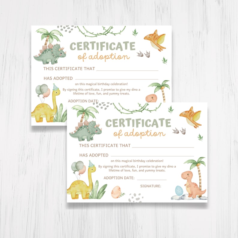 Adopt a Dinosaur Sign & Certificates, Boy Dino Birthday Party, Editable ...
