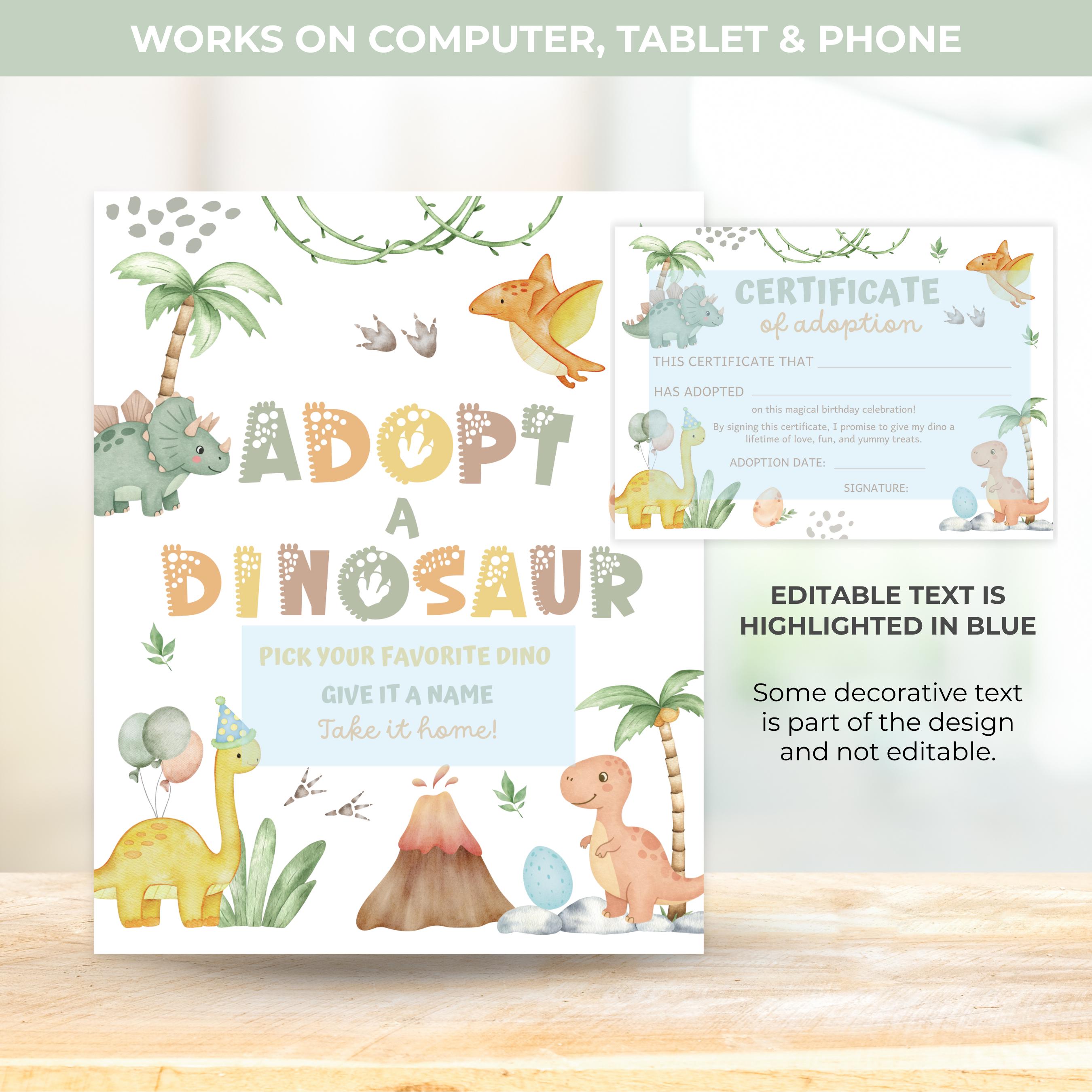 Adopt a Dinosaur Sign & Certificates, Boy Dino Birthday Party, Editable ...