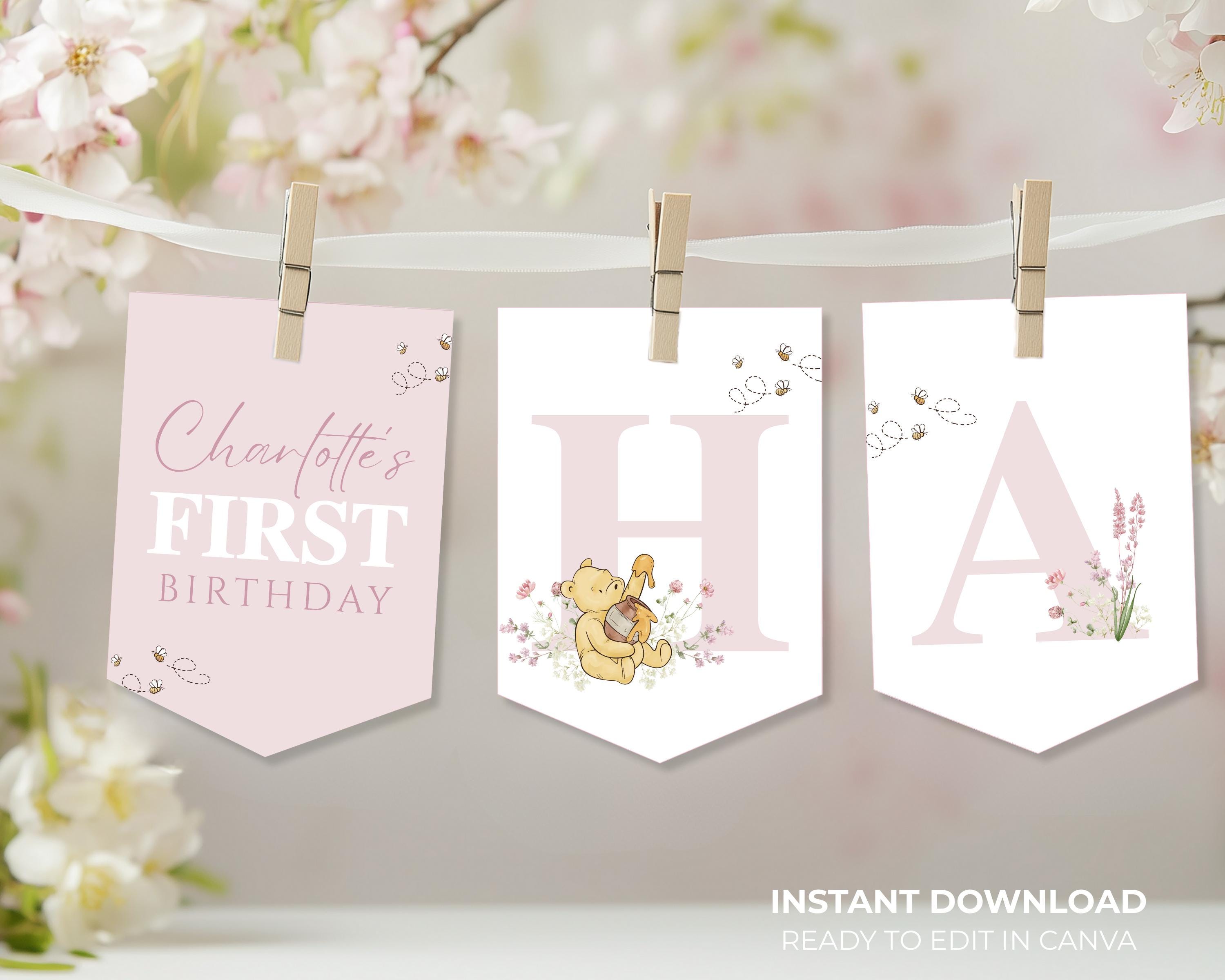 Editable Classic Winnie the Pooh Birthday Banner, Girl Party Decor ...