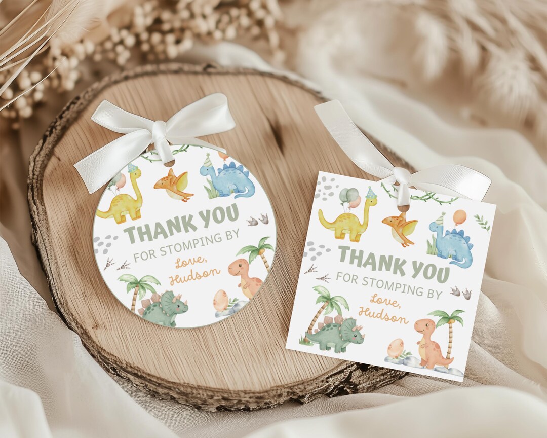 Editable Dinosaur Favor Tag, Round Square Birthday Thank You Tag ...