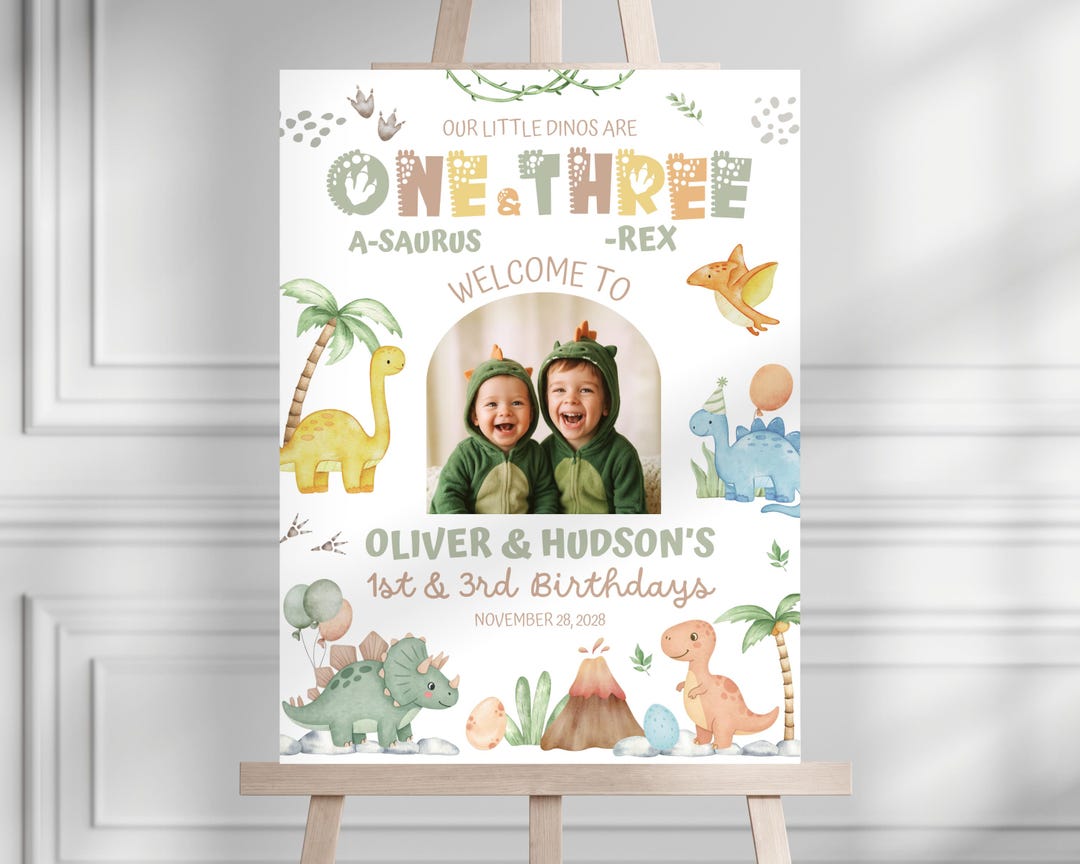 Editable Dinosaur Joint Birthday Welcome Photo Sign, Boys One-a-saurus ...