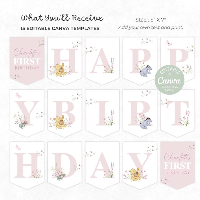 Editable Classic Winnie the Pooh Birthday Banner, Girl Party Decor ...