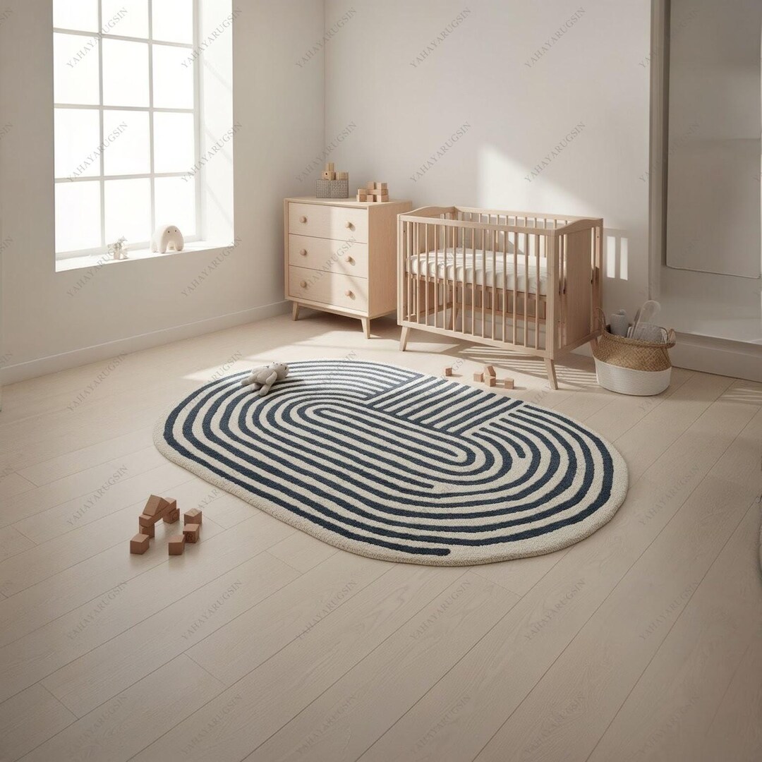 Hand-tufted Wool Nursery Rug: Modern Labyrinth Maze, Oval 6x9 - Etsy