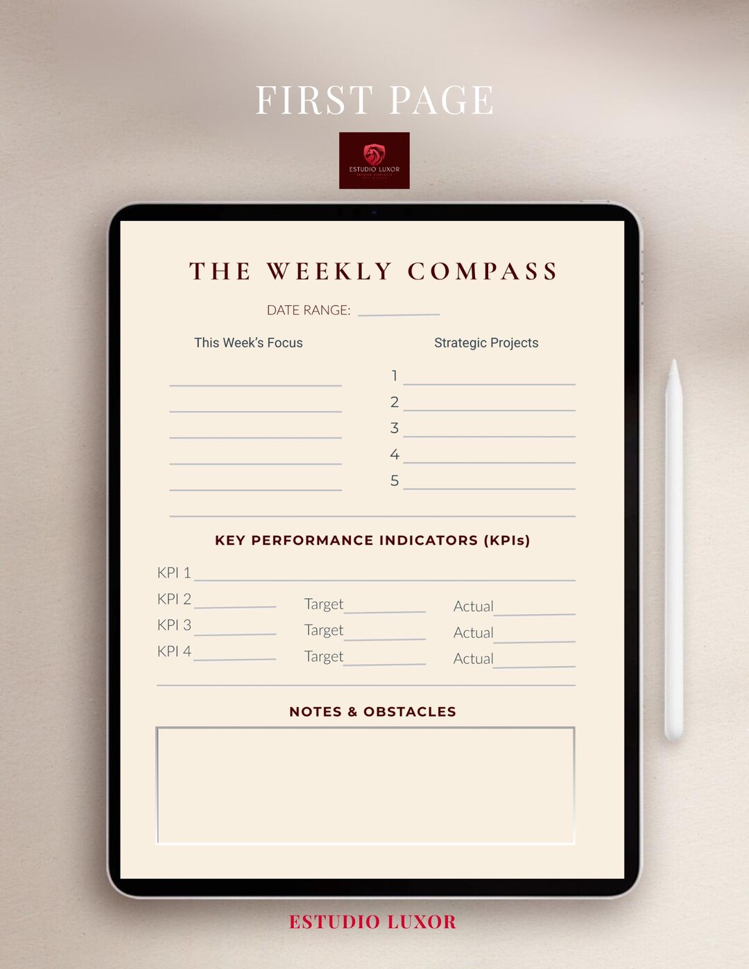 The Weekly Compass & KPI Tracker | Printable Business Planner, Weekly ...