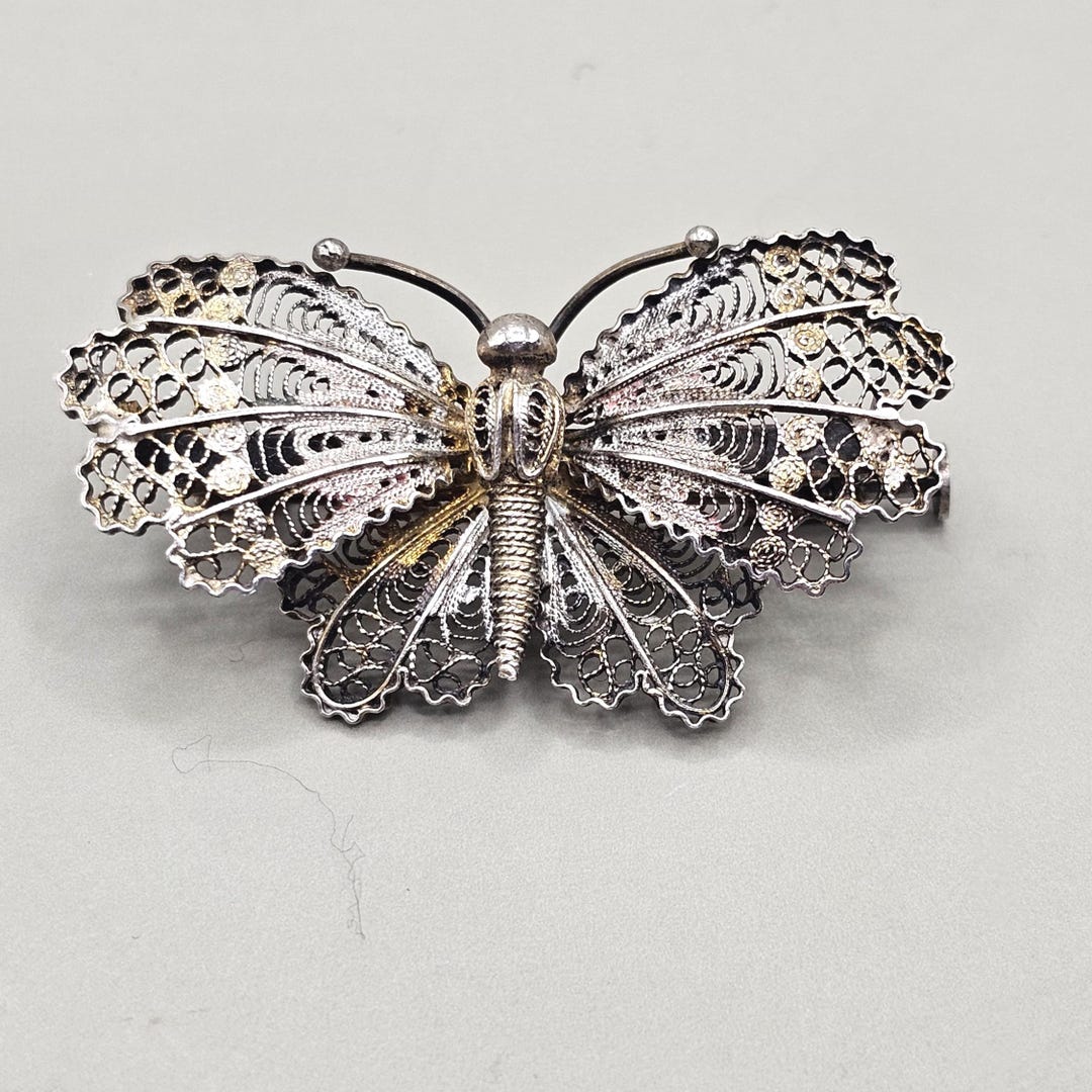Vintage 800 Silver Filigreed Butterfly Brooch - Etsy